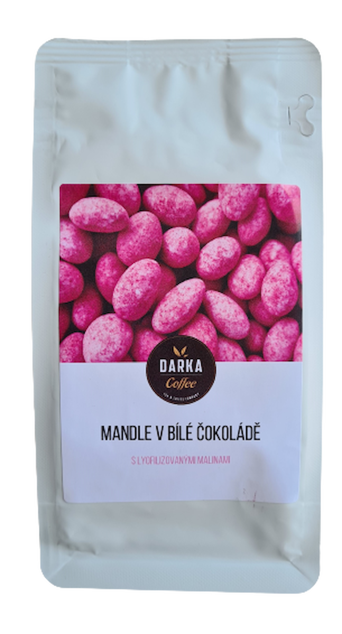 Delikátní čerstvé mandle v bílé čokoládě s lyofilizovanými malinami ...